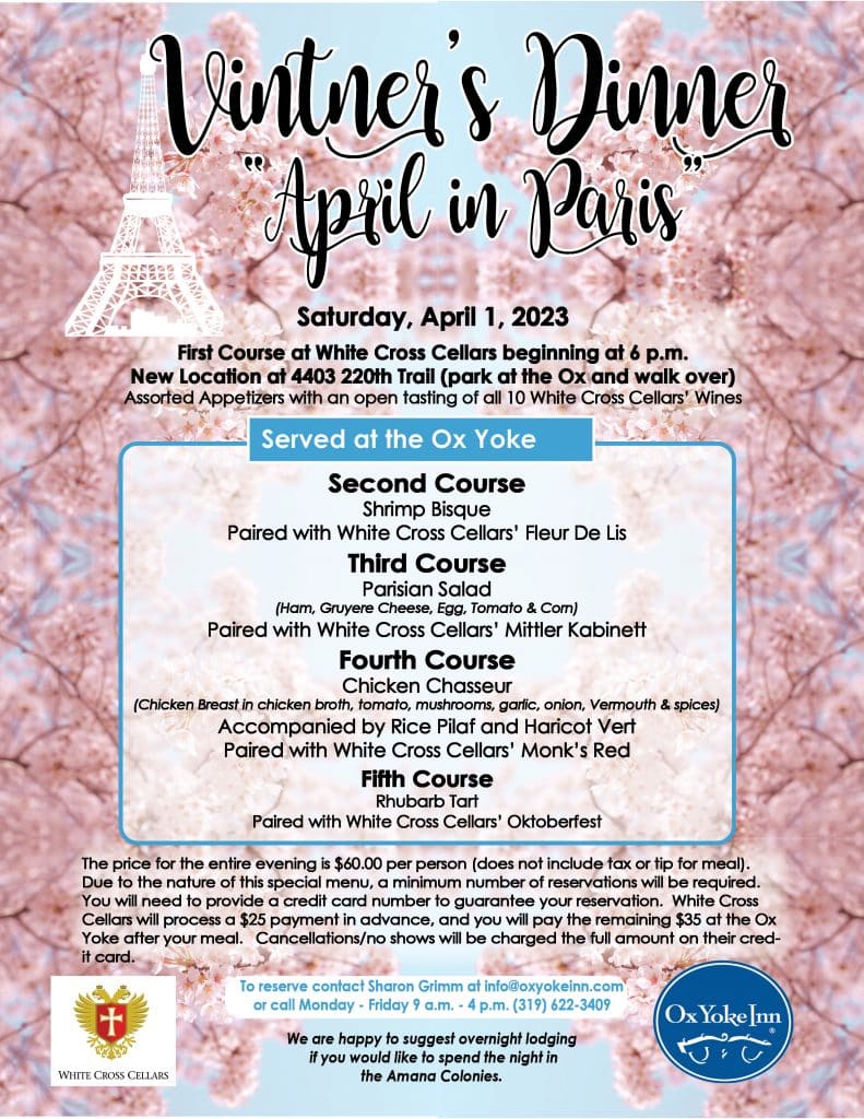 Vintner Dinner by White Cross Cellars and the Ox Yoke Inn - Amana ...